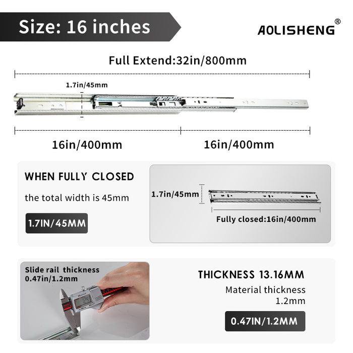Full Extension Drawer Slides Rails - Ball Bearing Side Mount